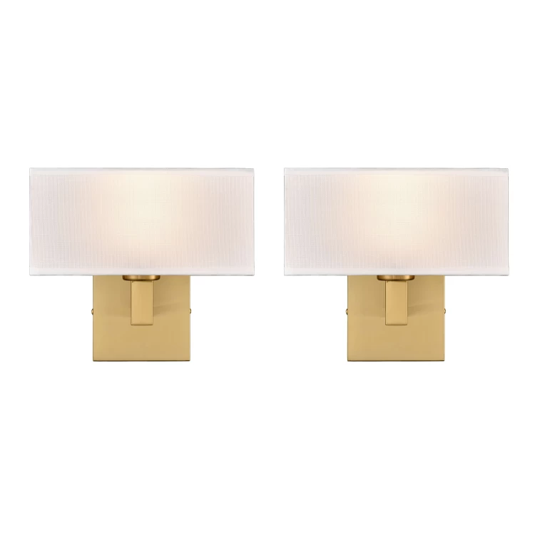 Set of 2 Brass Wall Sconces with White Fabric Shade |Claxy