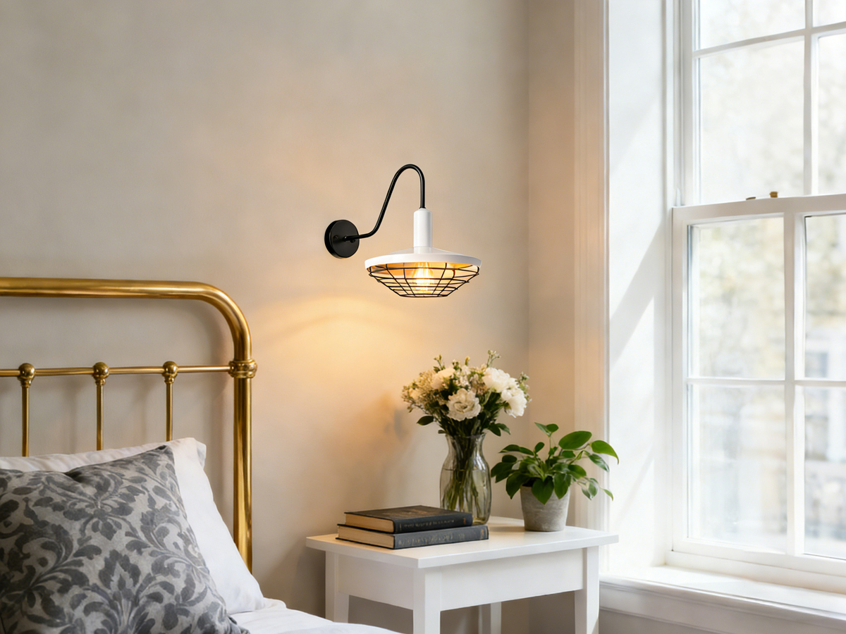 Farmhouse Wall Sconce Gooseneck Wall Light with White Barn Shade | Claxy