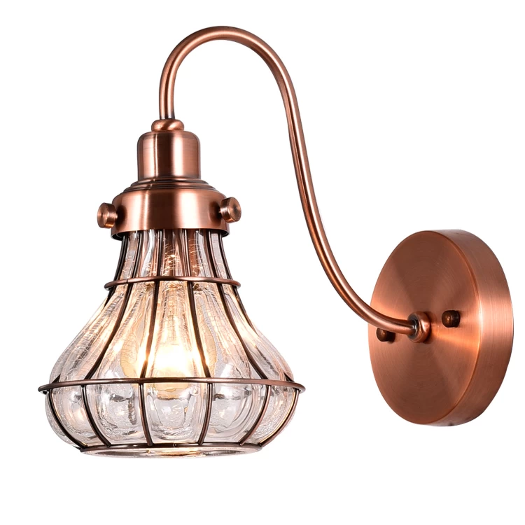 Retro Red Bronze Wall Sconce Pattern Glass Shade Wall Lamp - CLAXY