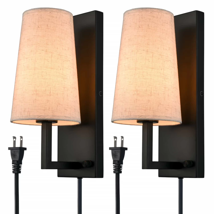 Black Plug in Wall Lamps Fabric Shade Wall Sconce - Set of 2 | Claxy