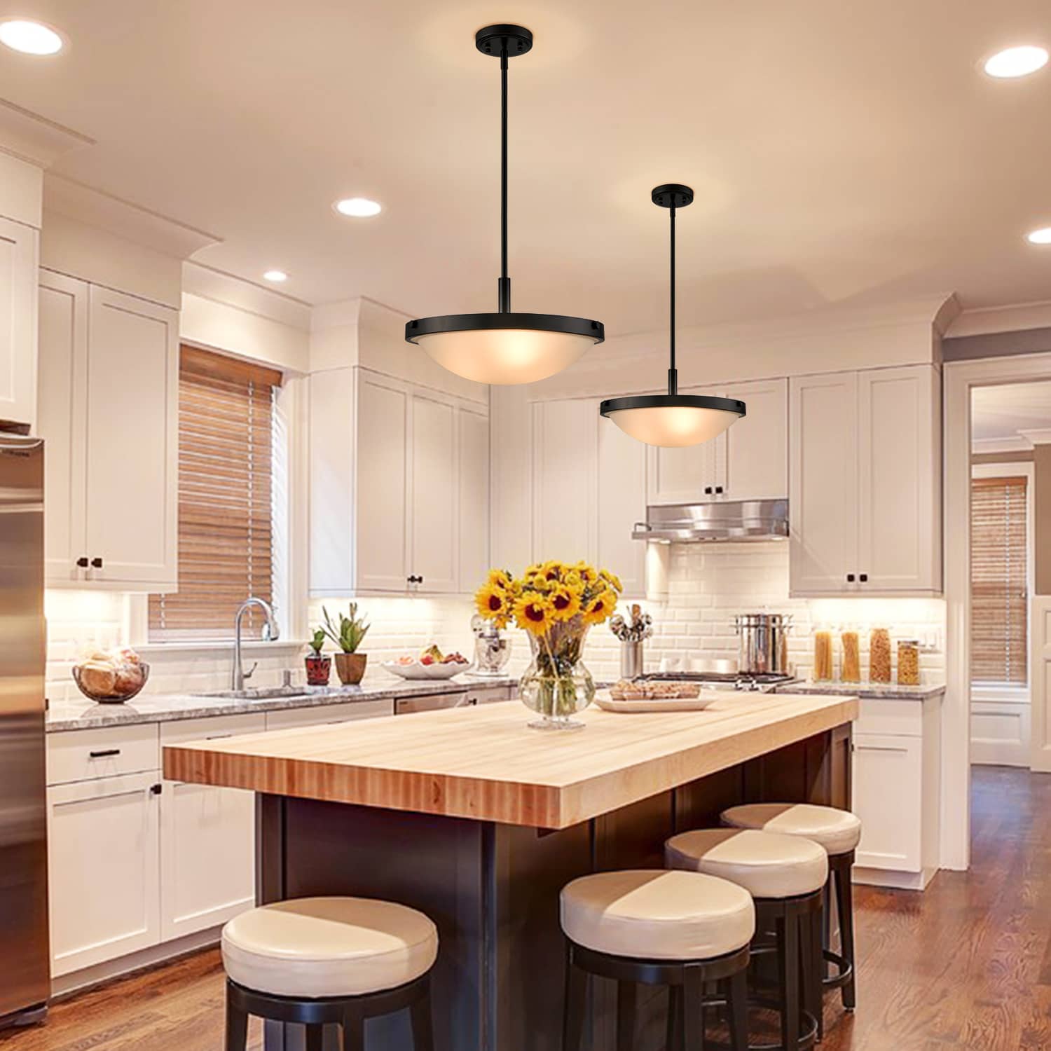 Frosted Glass Pendant Light Inverted Black Finish Rod-Hung | Claxy