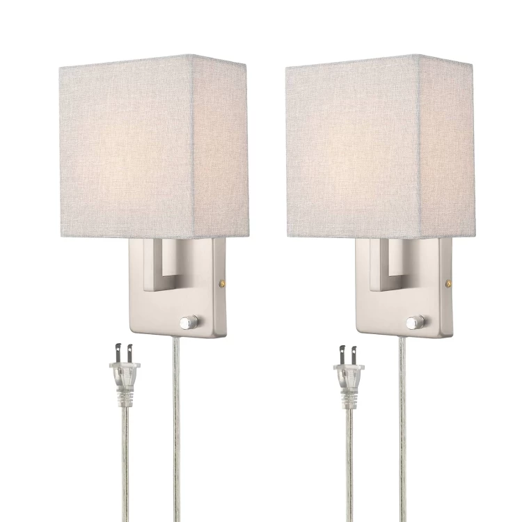 modern linen shade wall sconce dimmable brushed nickel plug in