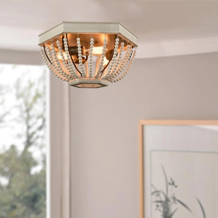 Distressed Wood Beaded Ceiling Light Off-white | Claxy