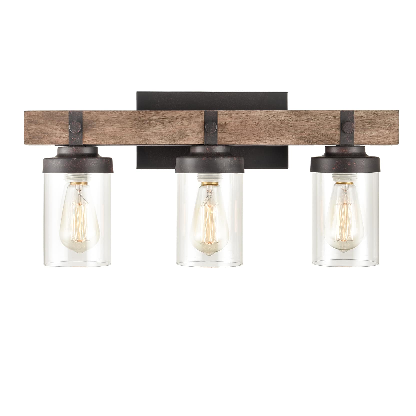 3-light black with wood wall sconce with clear glass shade