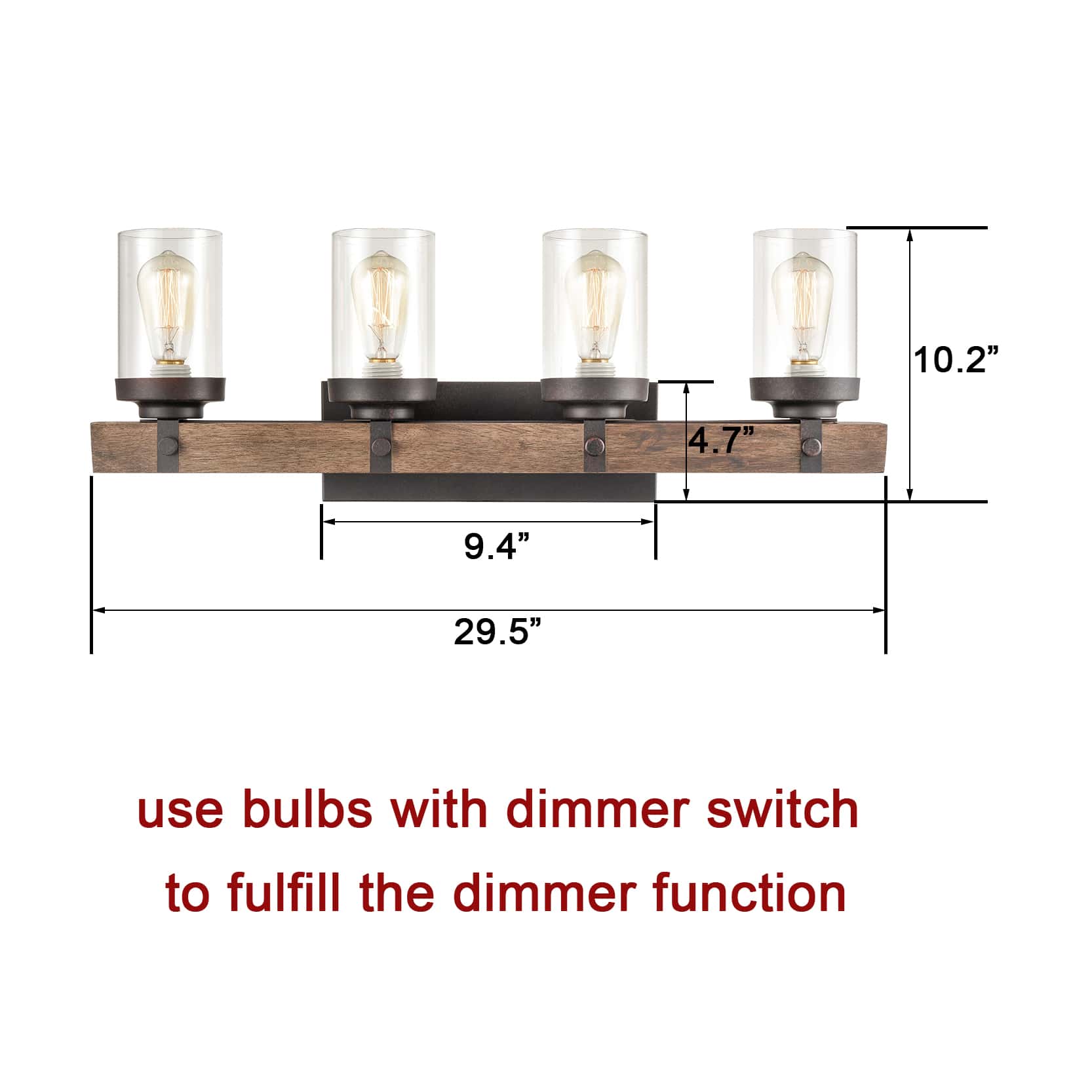 4-light metal with wood wall sconce with glass for bathroom
