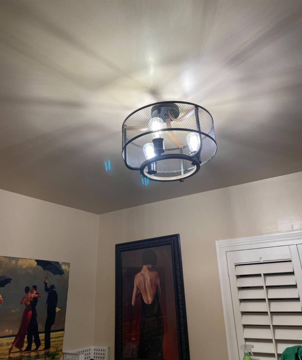 Black Metal Mesh Ceiling Light Semi Flush Mount Wood Finish