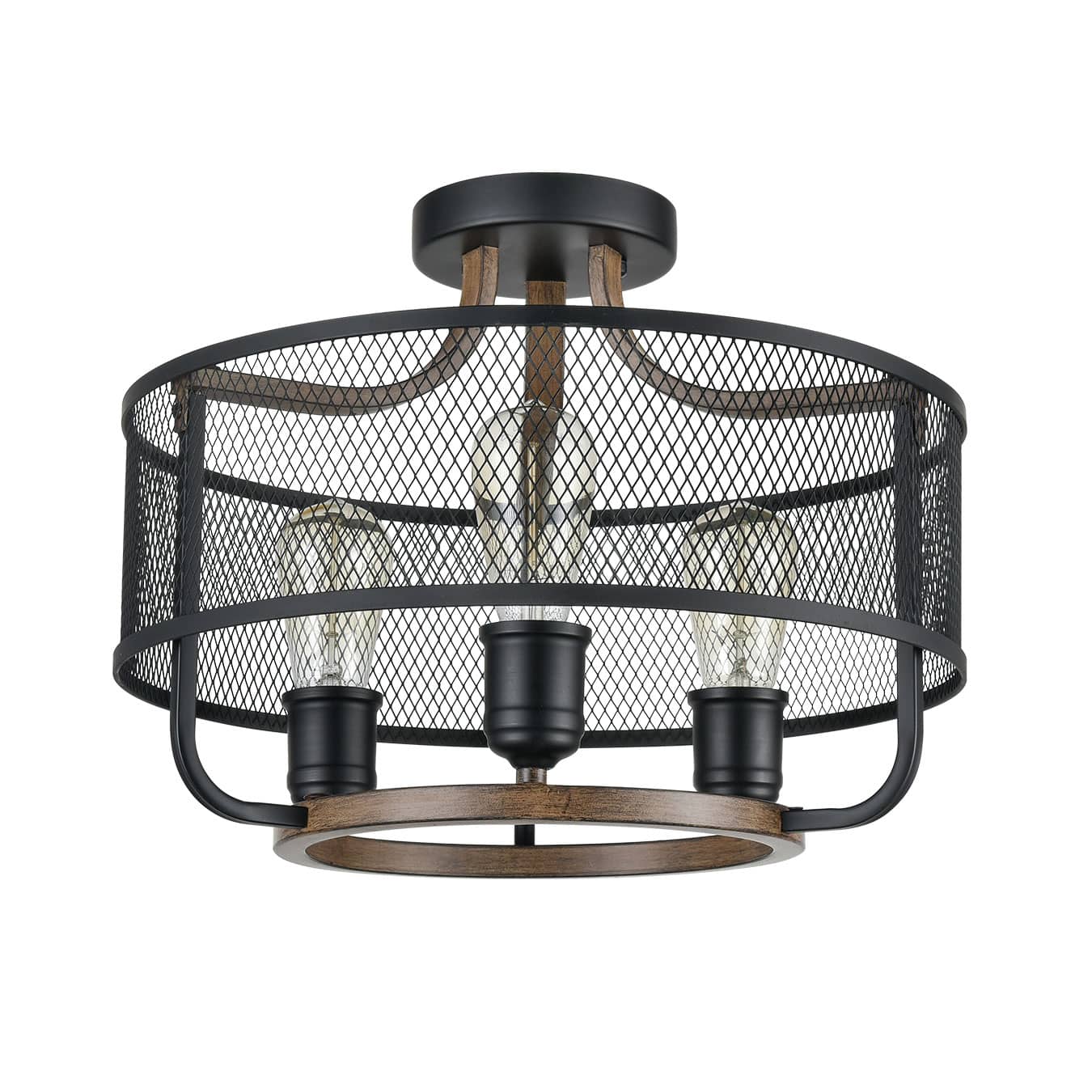 Black Metal Mesh Ceiling Light Semi Flush Mount Wood Finish