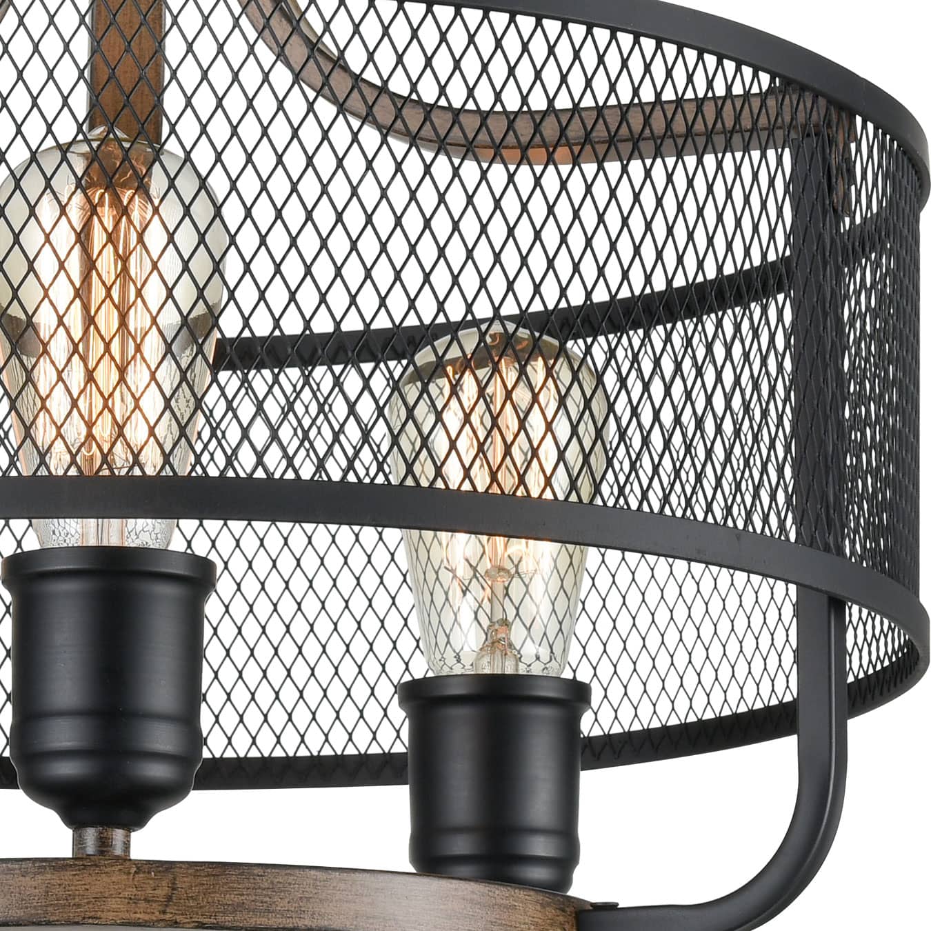Black Metal Mesh Ceiling Light Semi Flush Mount Wood Finish