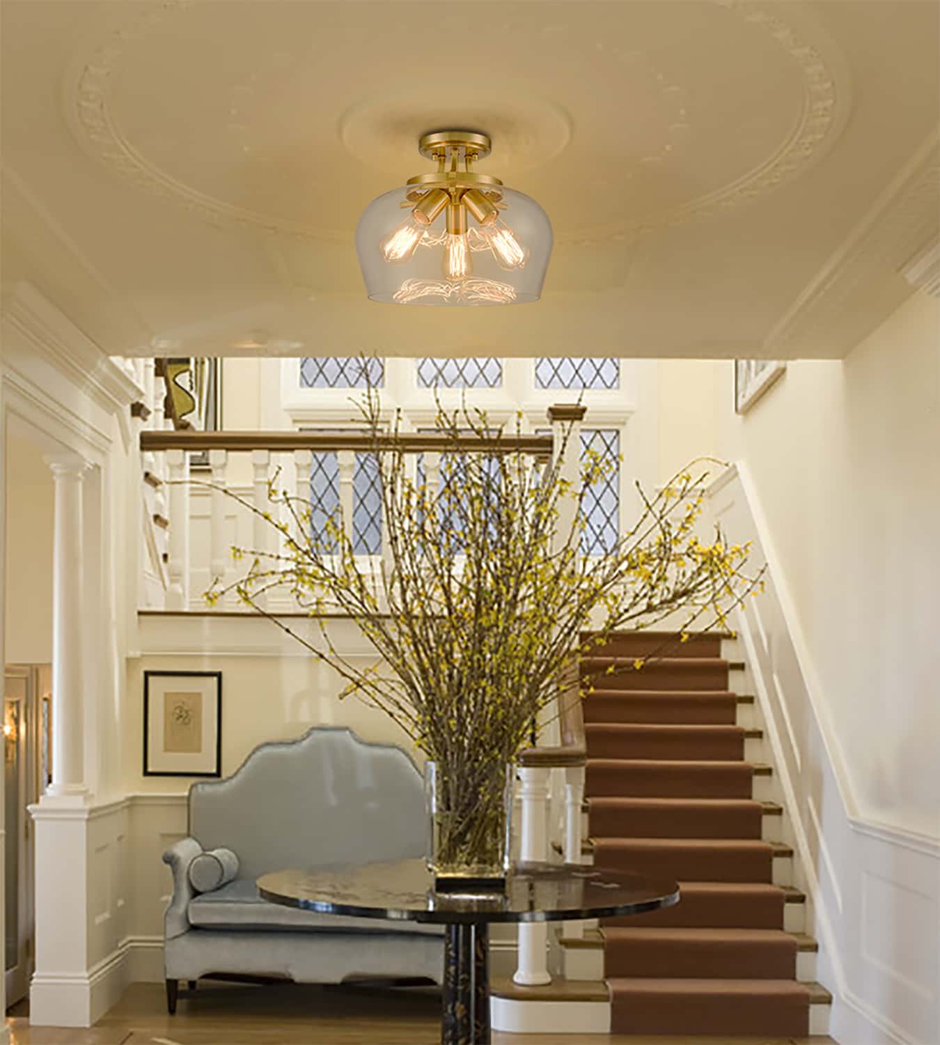 Brass Clear Glass flush Mount Ceiling Light 3 Lights | Claxy