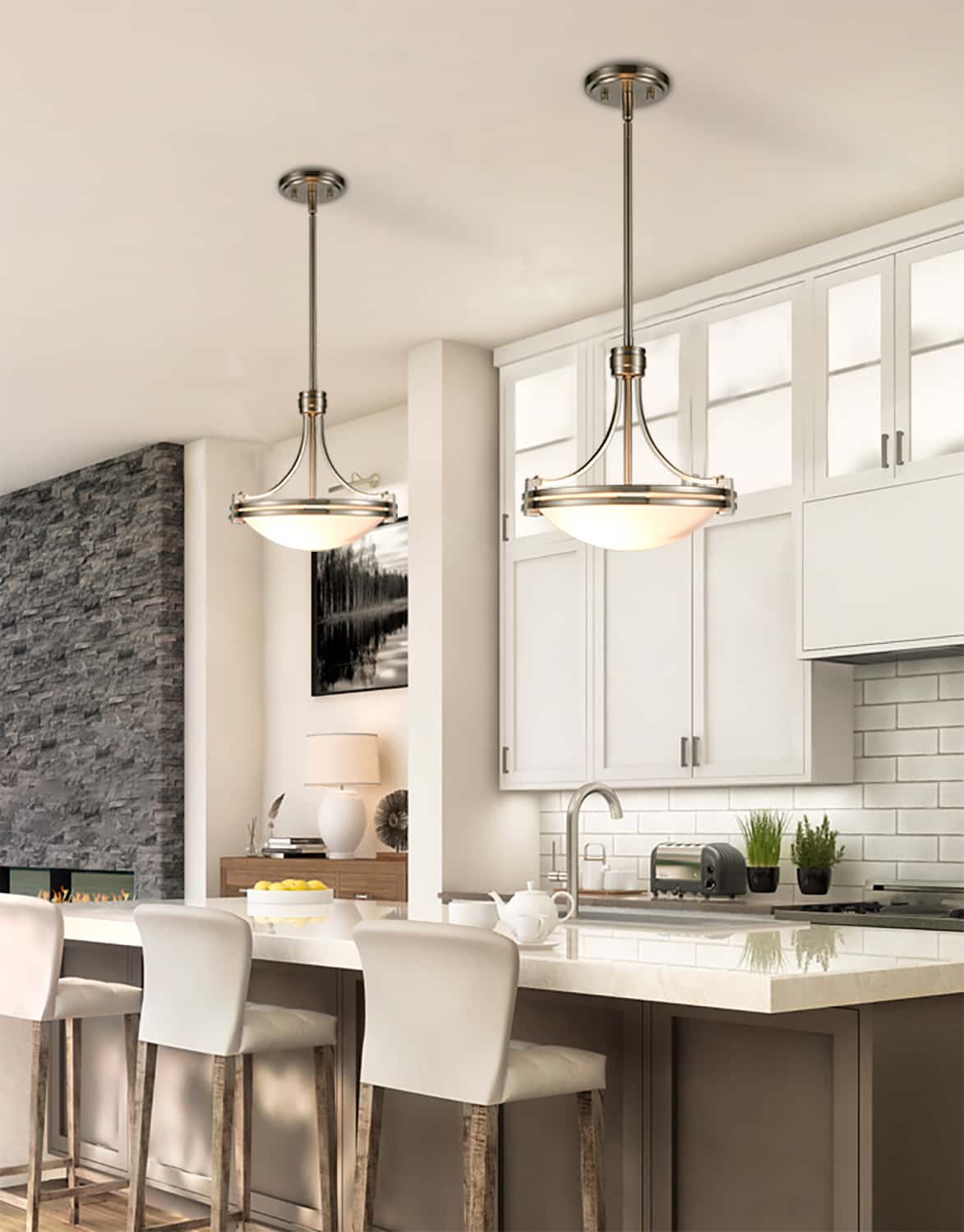 Brushed Nickel White Glass Shade Pendant - 2 Lights | Claxy