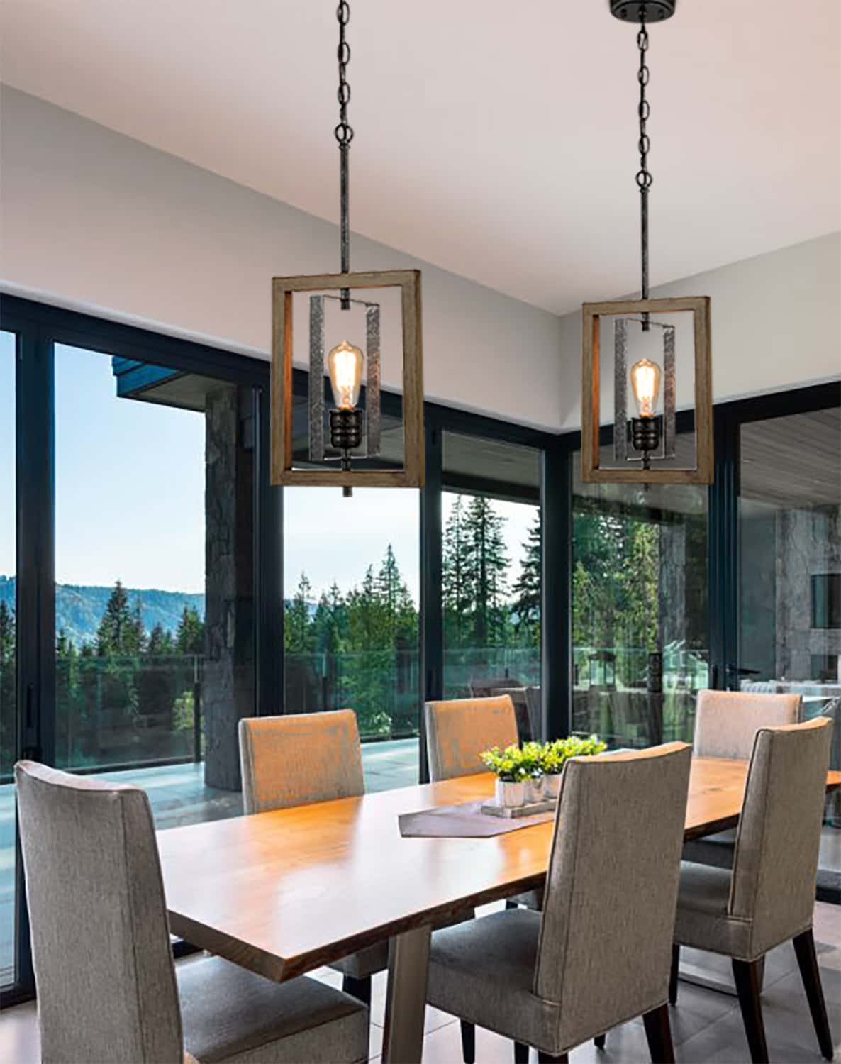 Farmhouse Pendant Light in Wood Grain Metal Rectangular Frame | Claxy