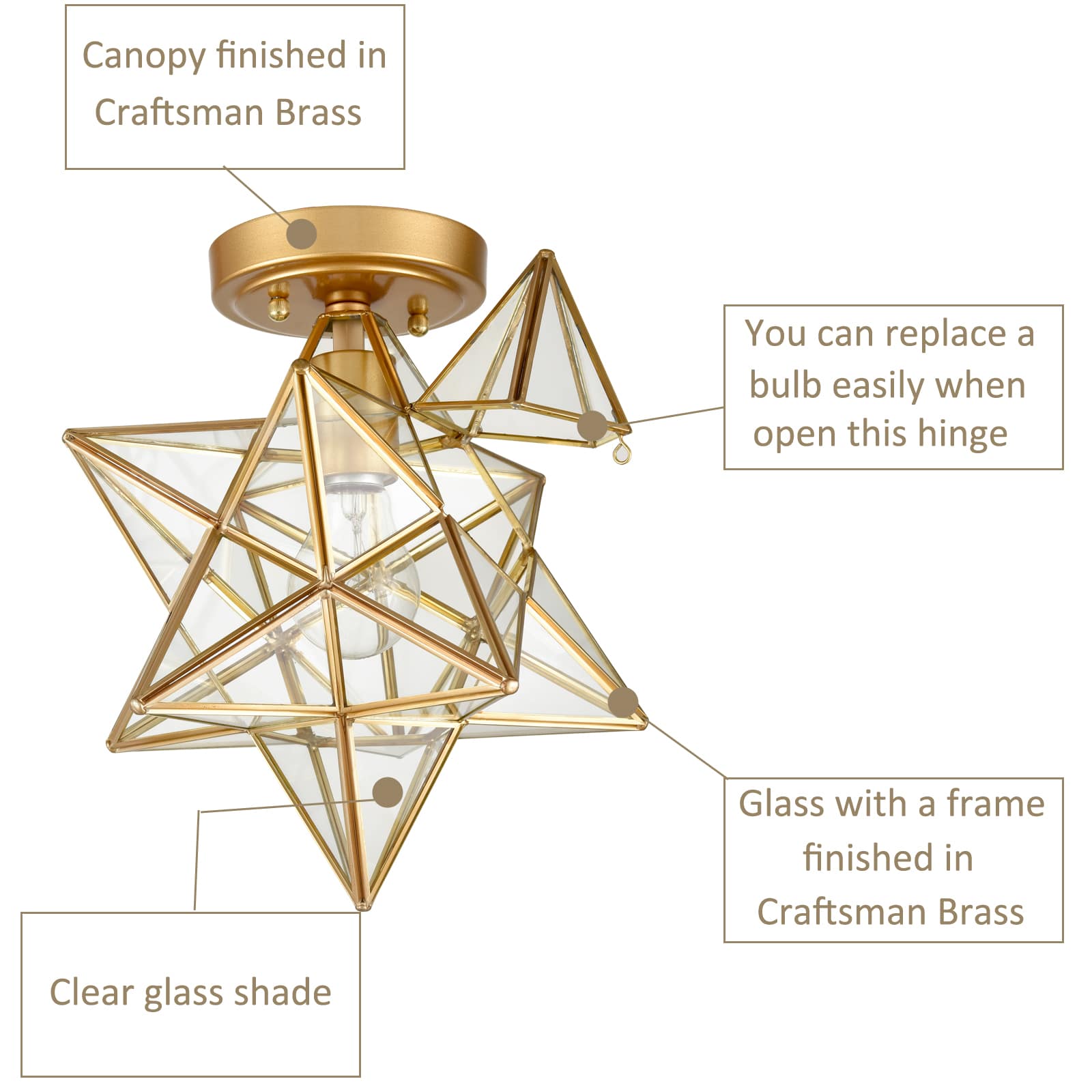 Brass Clear Moravian Star Ceiling Light (12 Inch) | Claxy