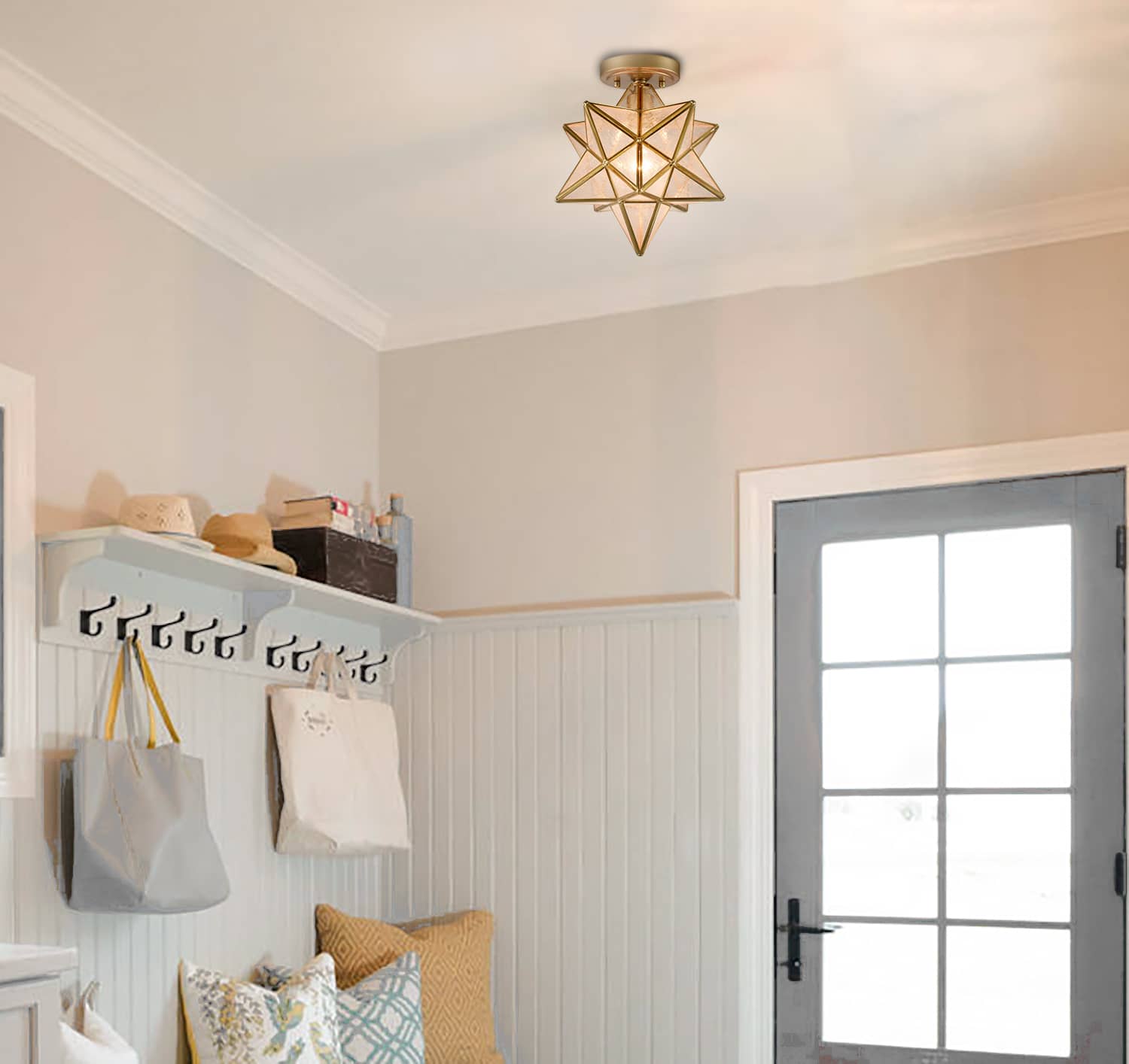 Brass Modern Moravian Star Ceiling Light Seeded Glass |Claxy