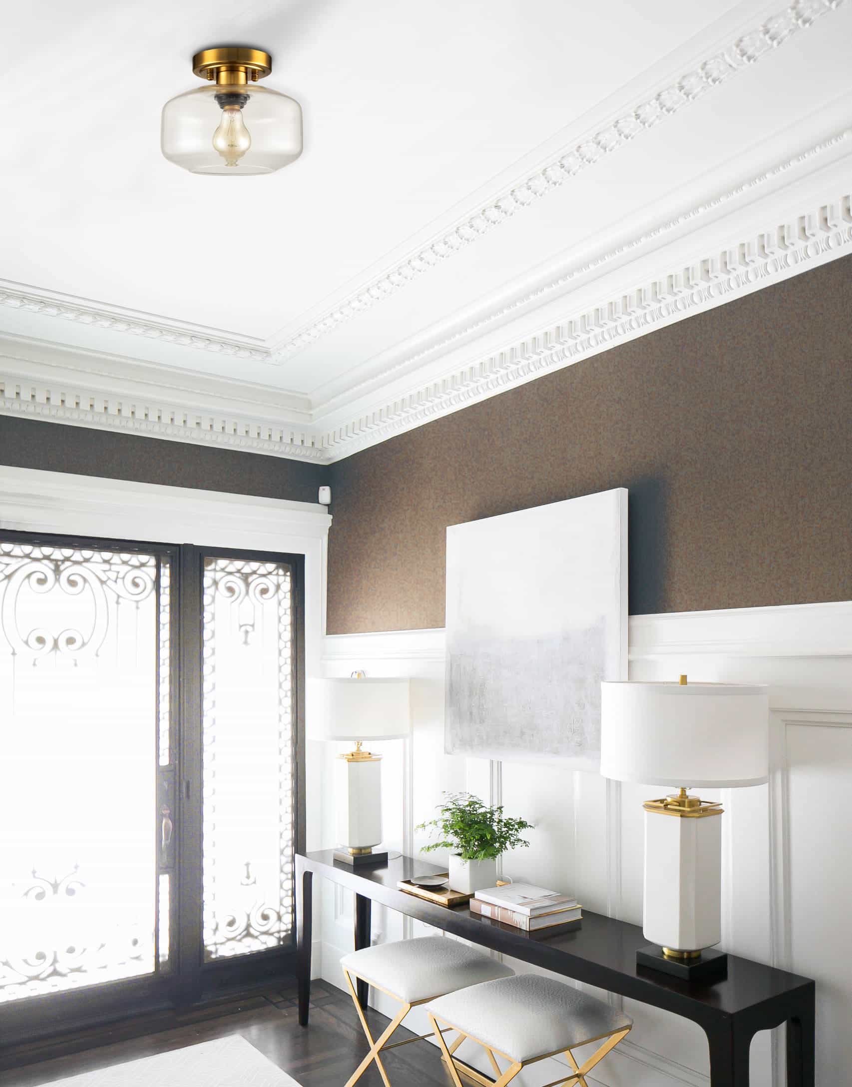 Open Glass Drum Shade Modern Brass Ceiling Light | Claxy