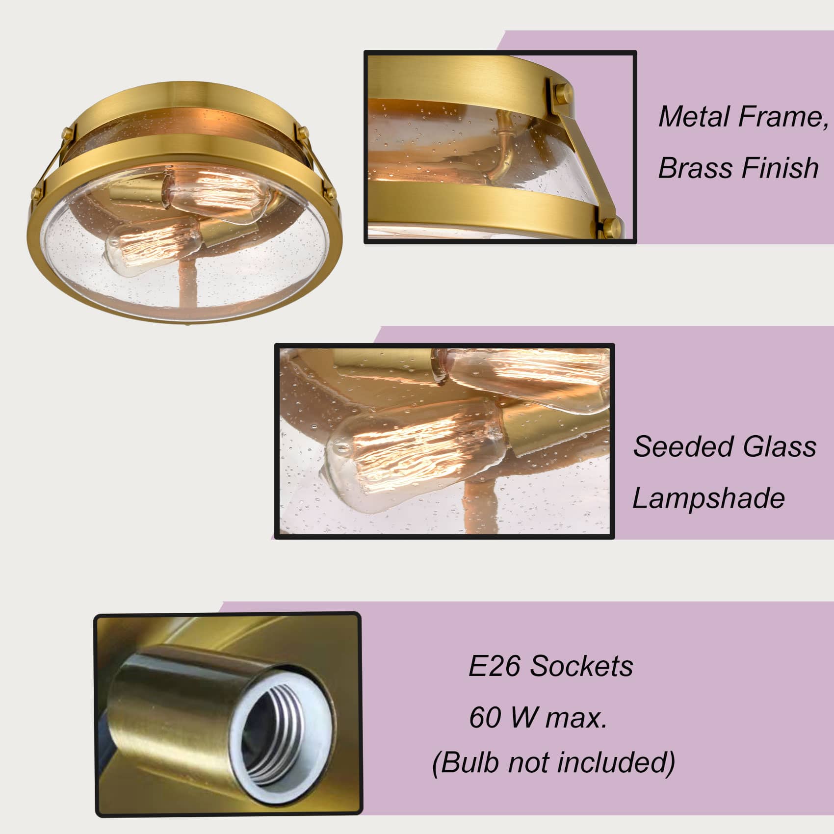 Modern Brass Ceiling Light Fixtures with Clear Seeded Glass Shade