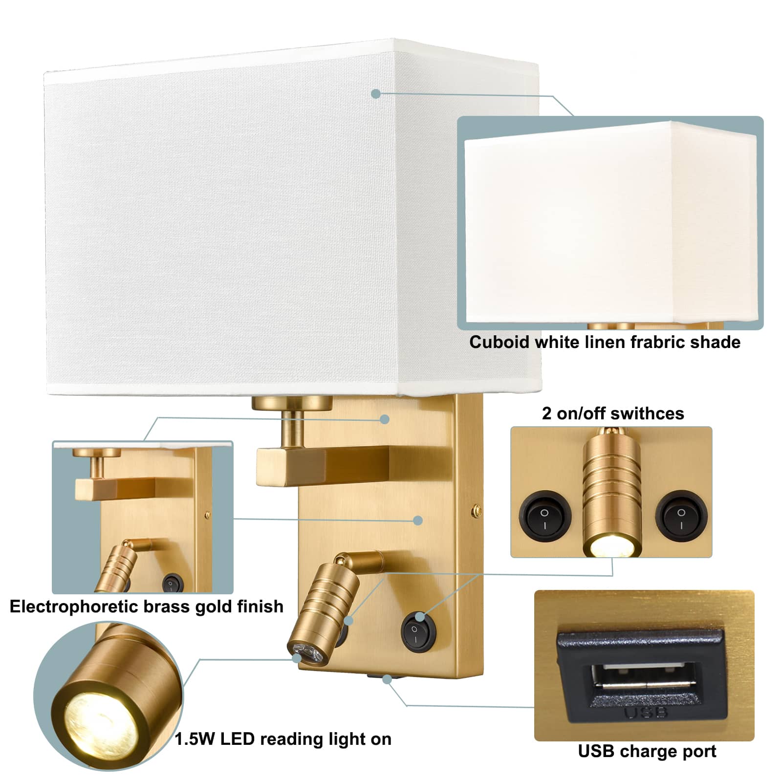 Set of 2 Brass wall sconce LED USB charging port | Claxy