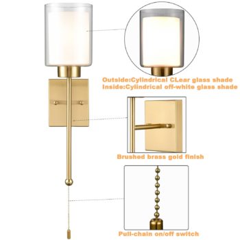 gold with dual glass shade wall light with pull chain Claxy
