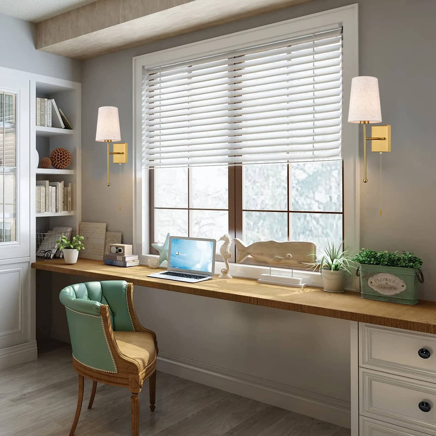 Modern Brass Wall Sconce Beige Linen Shade Set of 2