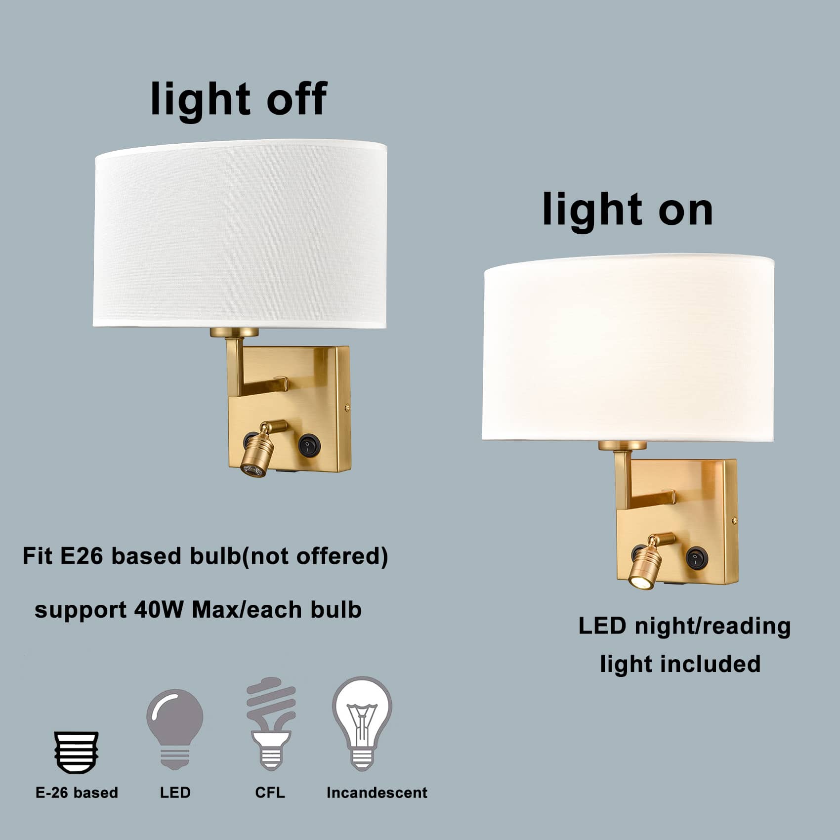 Modern Brass Wall SconceS Fabric Shade LED Reading Light