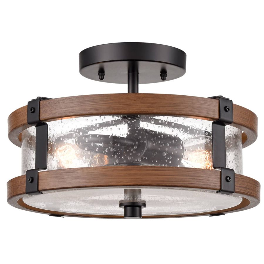 2-light black metal ceiling light with wood grain | Claxy