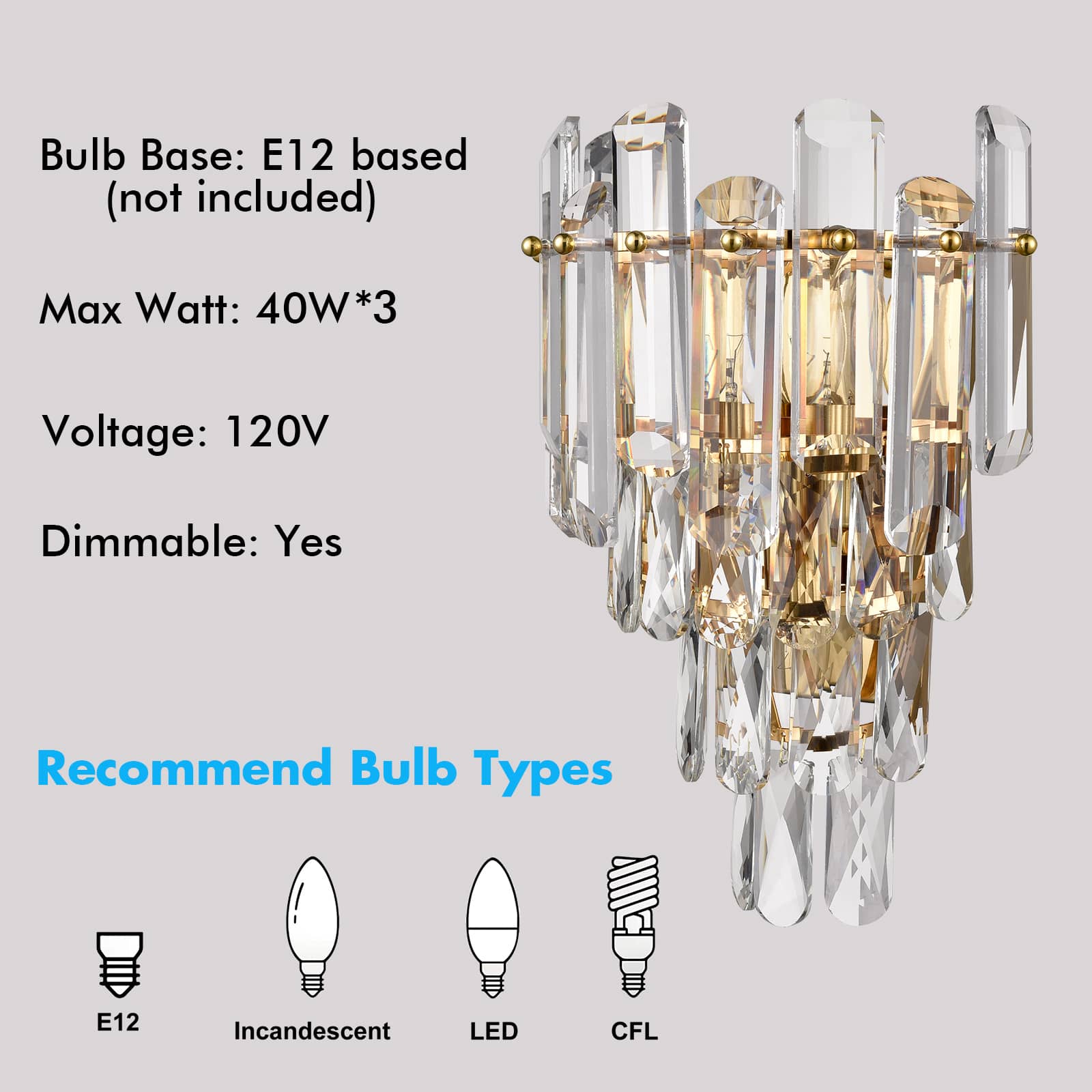 Modern Brass Crystal Wall Sconce Dimmable Bath Vanity Light