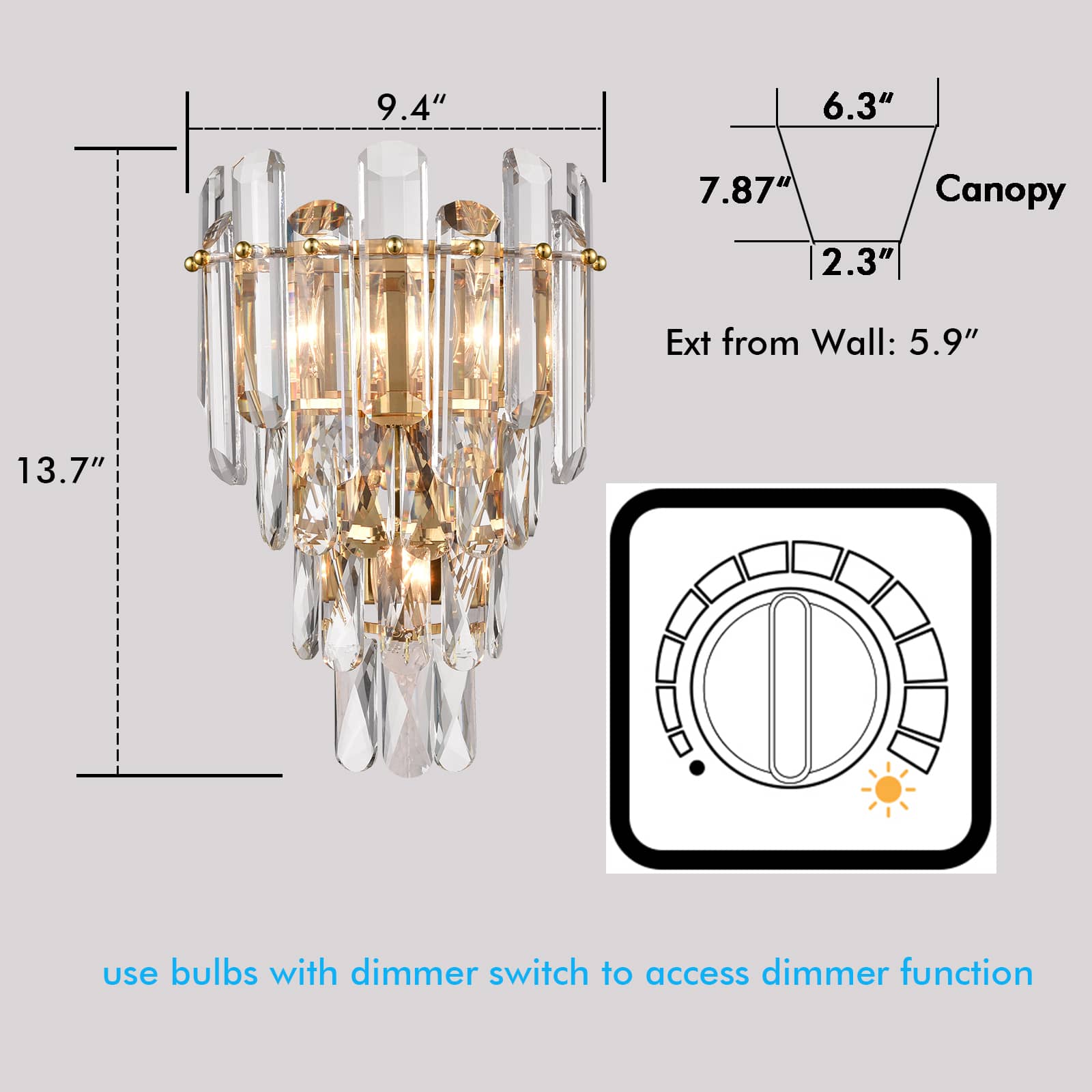 Modern Brass Crystal Wall Sconce Dimmable Bath Vanity Light