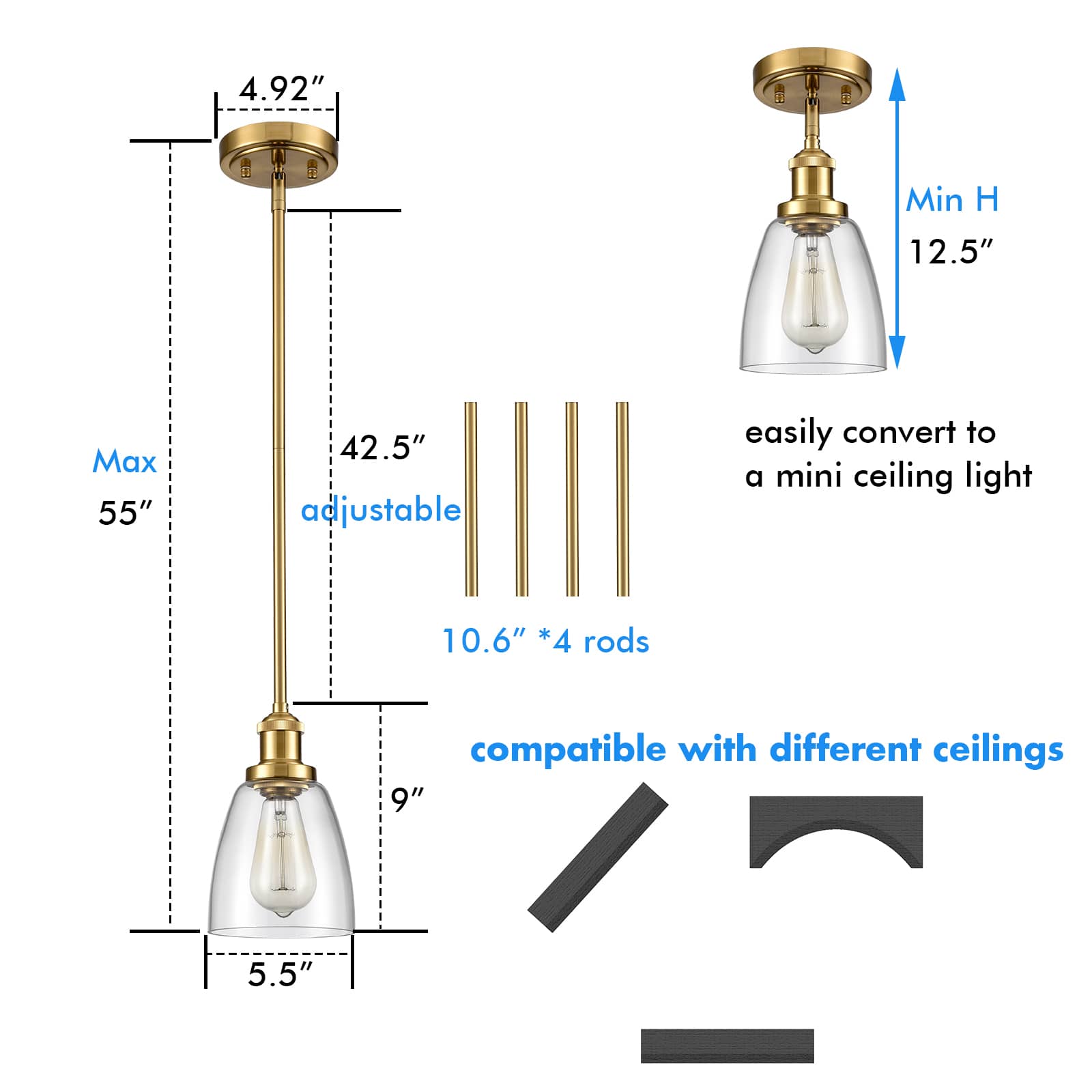 Modern Brass Pendant Light mini Glass Kitchen Hanging Light