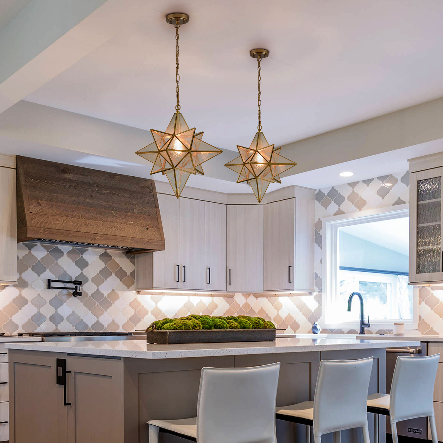 Brass Moravian Star Pendant Light Seeded Glass 14-in| Claxy