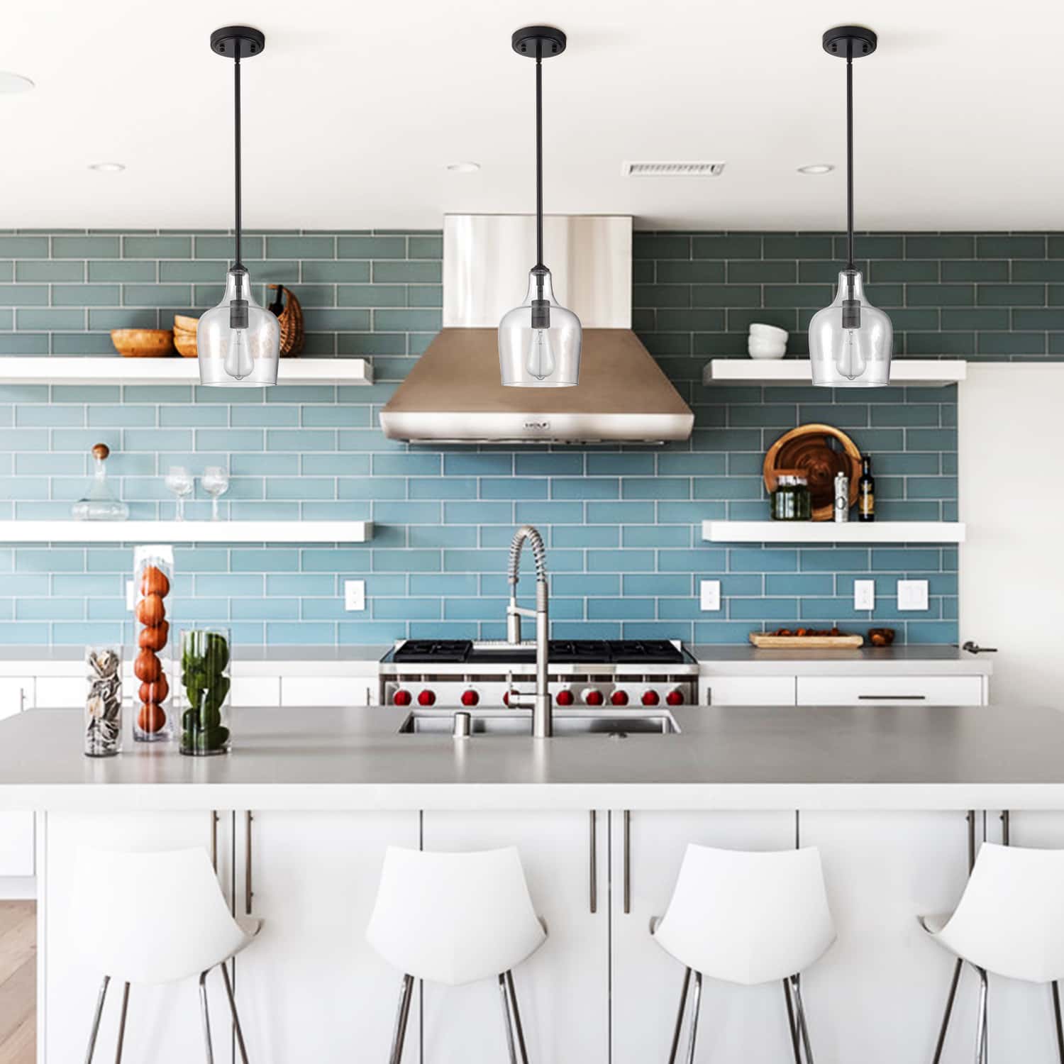 Farmhouse Glass Black Pendant Light Rod Hung for Kitchen