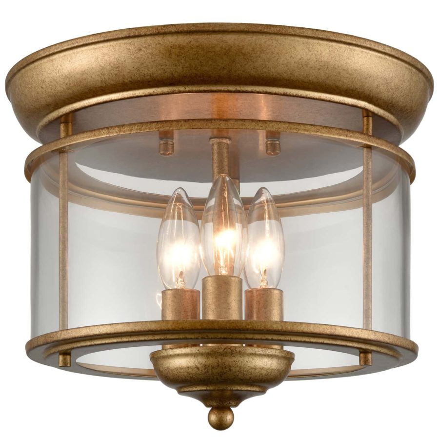 3-Light Glass Flush Mount Ceiling Light Brass Finish |Claxy