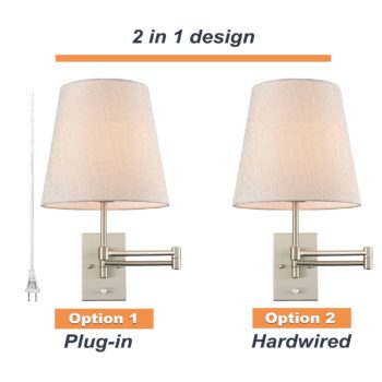 Brushed Nickel Swing Arm wall lamp Plug in or Hardwired