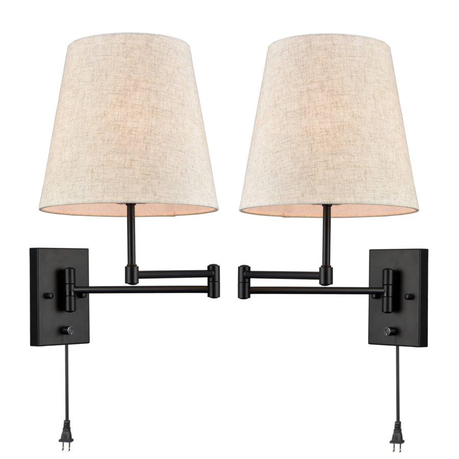 Black Swing Arm wall lamp Plug in or Hardwired set of 2