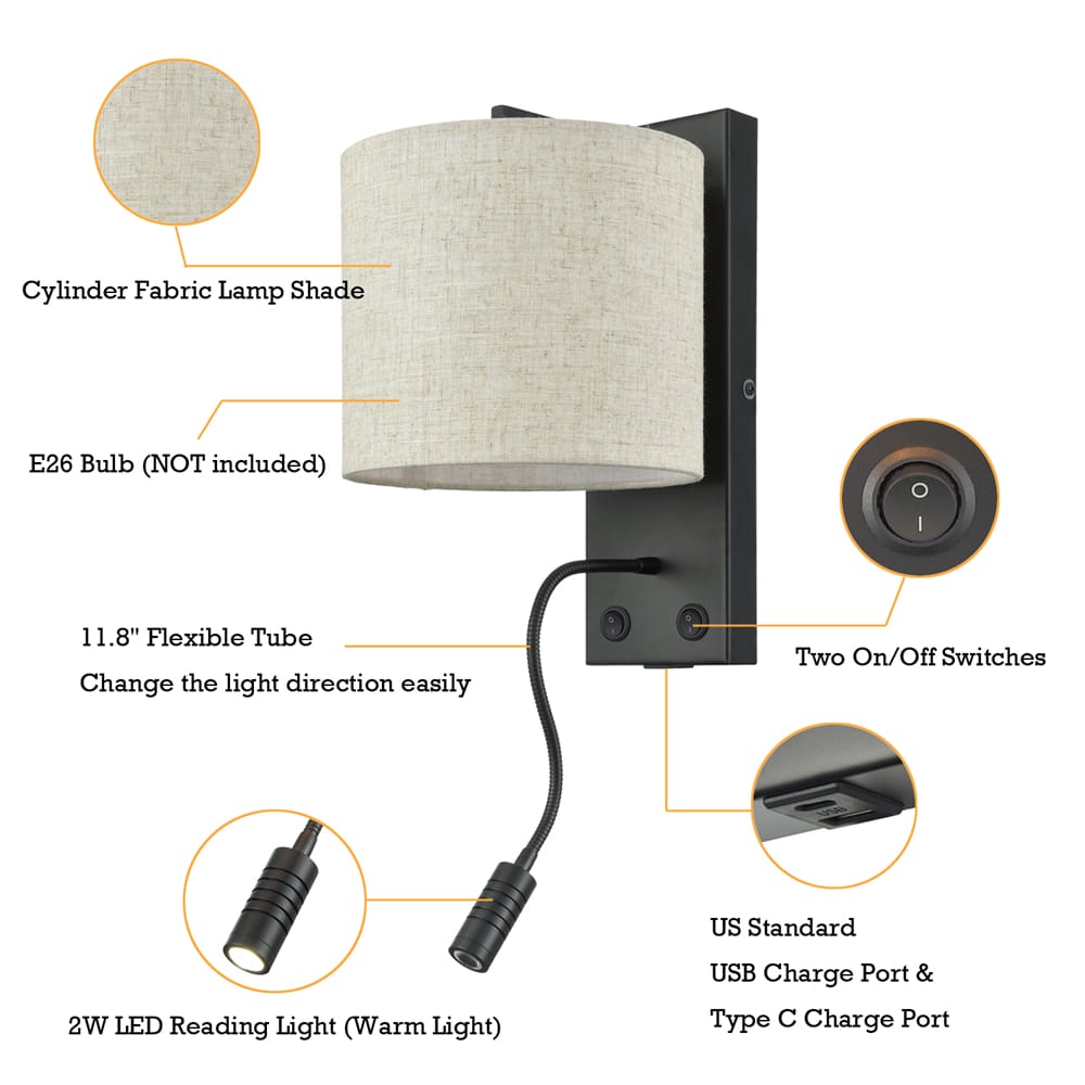 Black Bedroom Wall Lamp USB Charge Port+LED Reading Light
