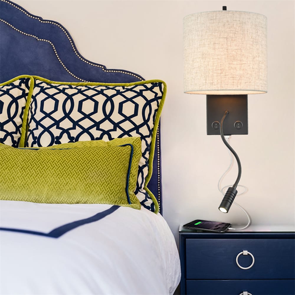 Black Bedroom Wall Lamp USB Charge Port+LED Reading Light