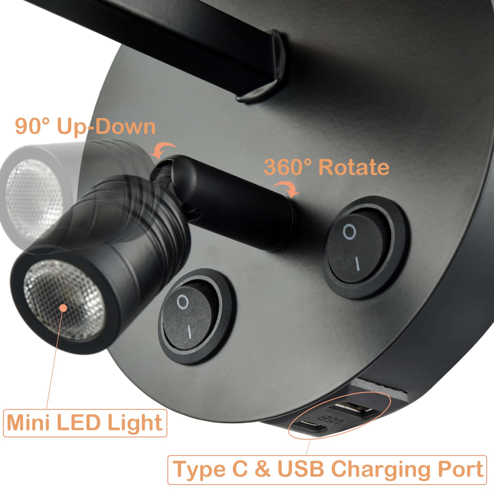 Black Wall Sconces with Shade Switch USB Port LED Wall Light