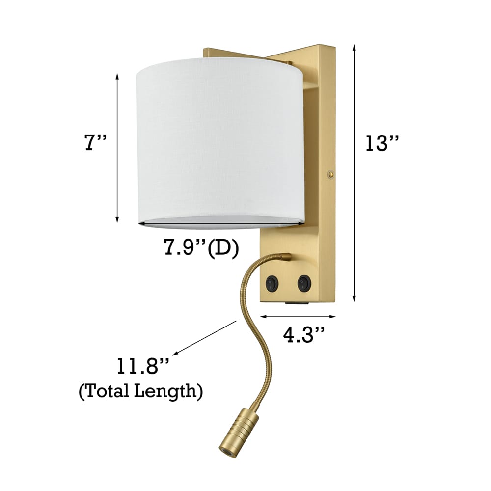 Brass Bedside Wall Lamp USB Charge Port+LED Reading Light