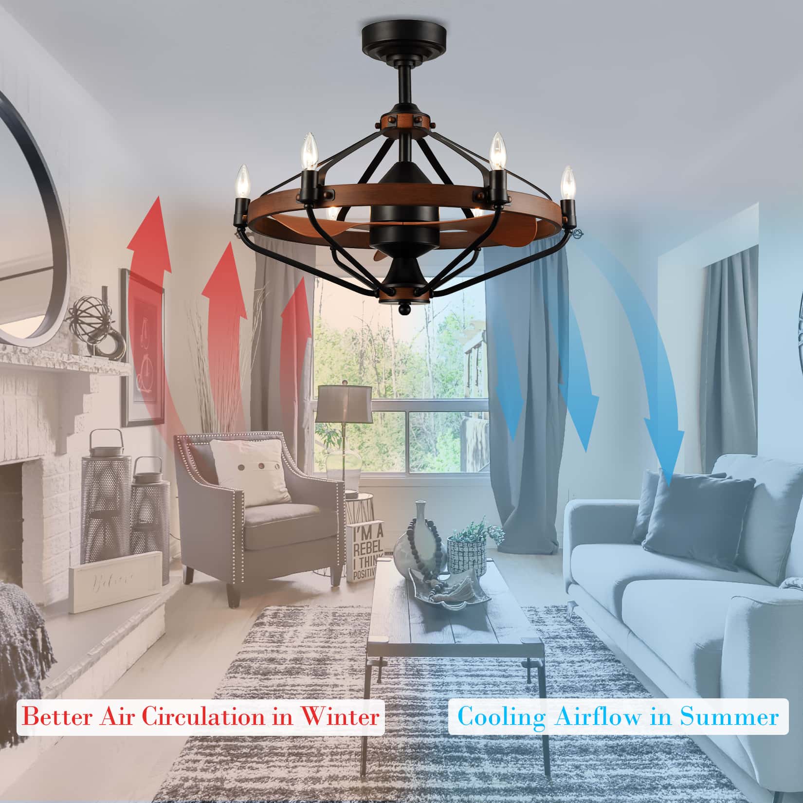 Farmhouse 6-Light Chandelier Ceiling Fan with Lights | Claxy