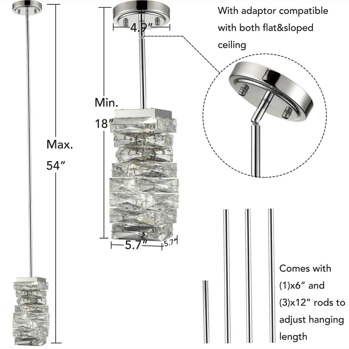 Modern Crystal Pendant Light LED Rod-Hung, Polished chrome