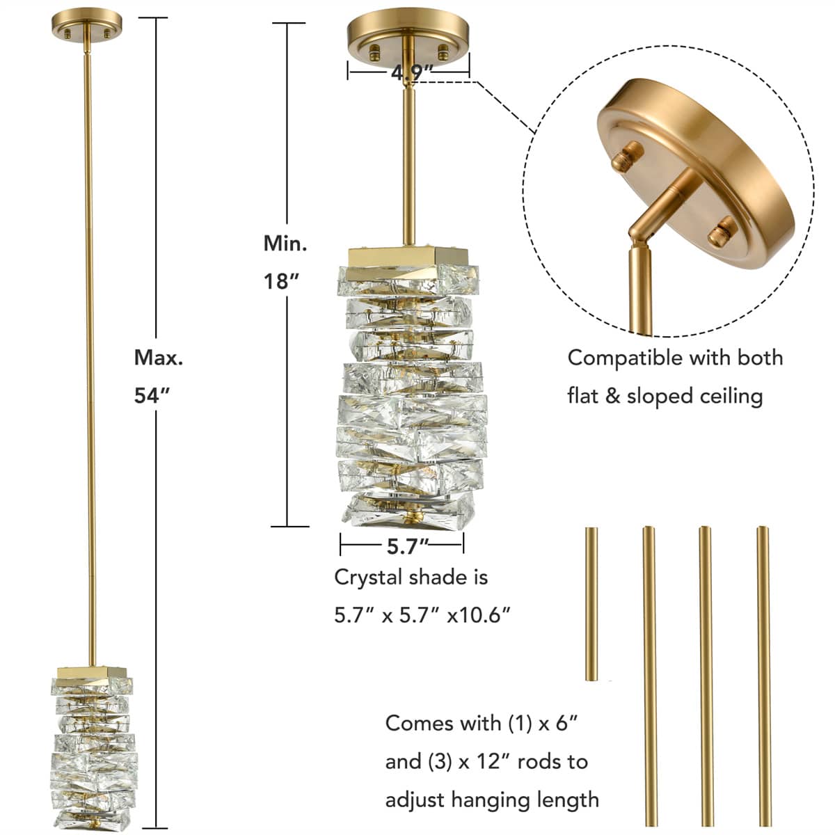 Modern Gold Crystal Pendant Light LED Rod-Hung